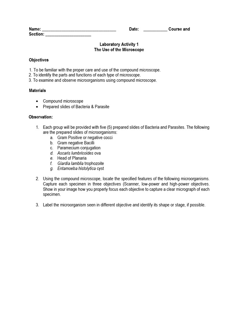 Laboratory Activity 1 Microscopy | PDF | Microscope | Microscopy