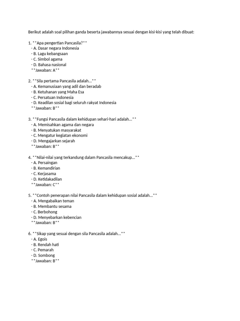 Berikut adalah soal pilihan ganda beserta jawabannya sesuai dengan kisi ...