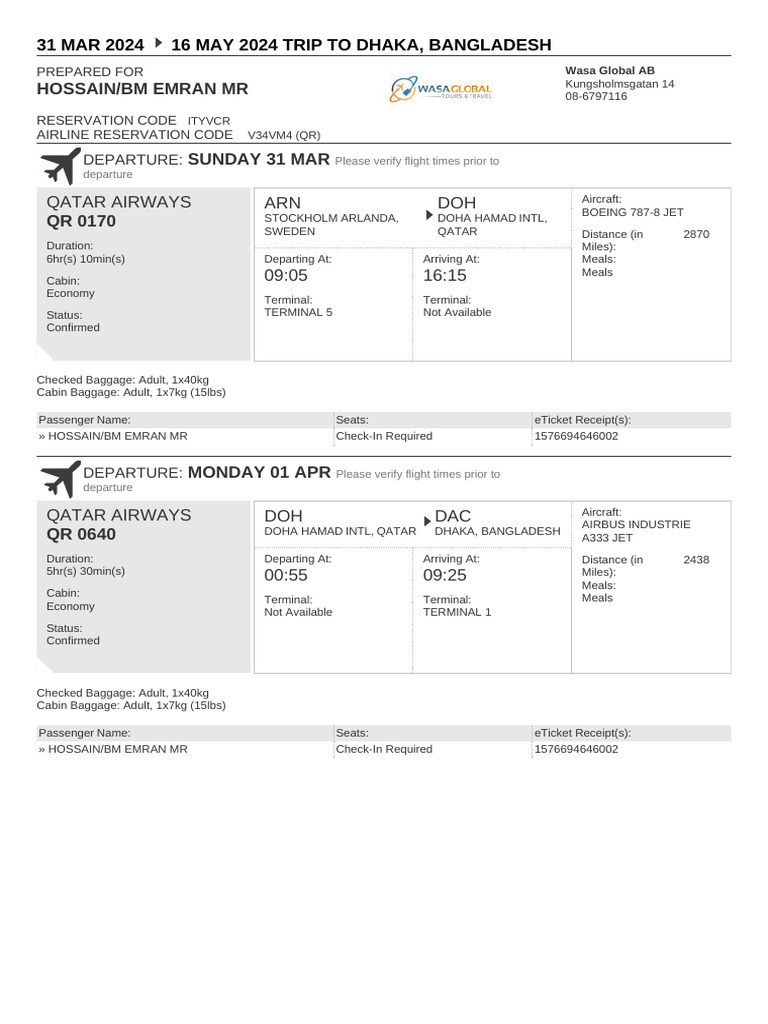 Travel Reservation March 31 For MR BM EMRAN HOSSAIN | PDF | Airliner | Aviation