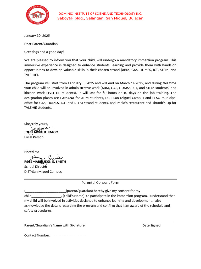 IMMERSION PARENT CONSENT | PDF