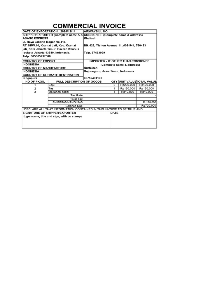 Contoh Invoice AX Singapura 1 | PDF