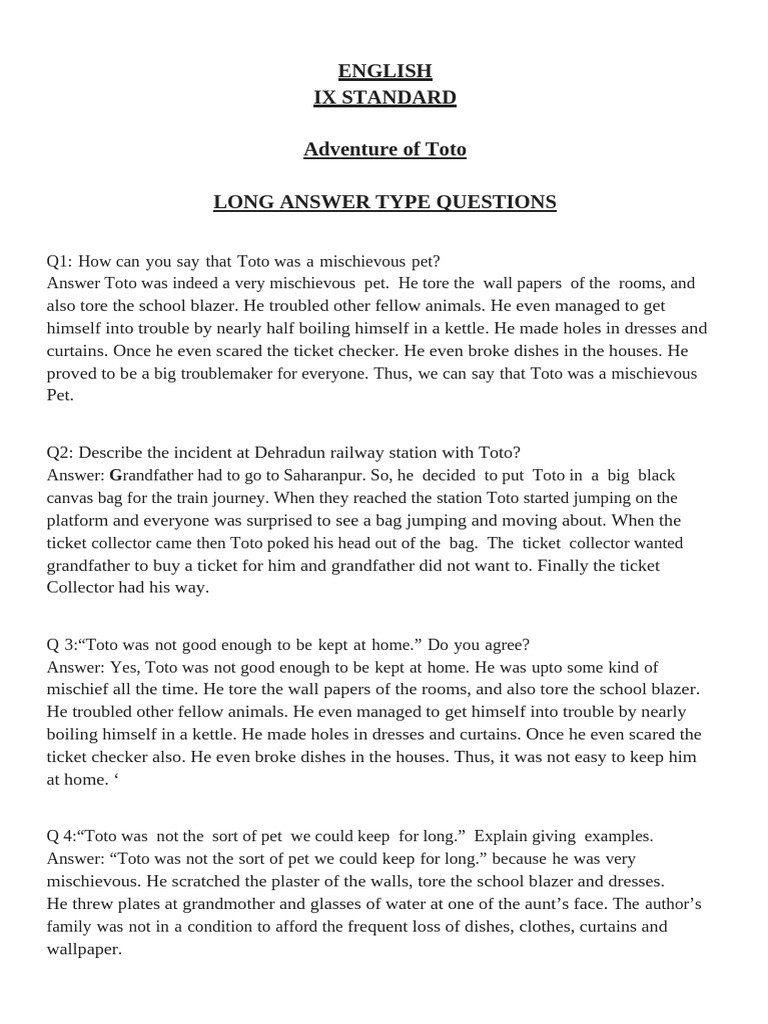 Adventure of Toto Question and Answers | PDF