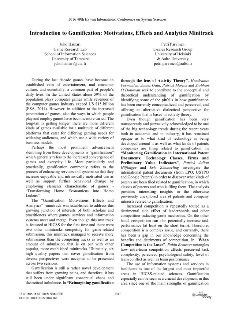 Introduction To Gamification Motivations Effects and Analytics Minitrack | PDF