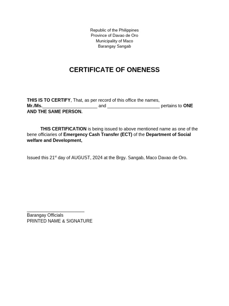 Certificate of Oneness for ECT Beneficiary | PDF