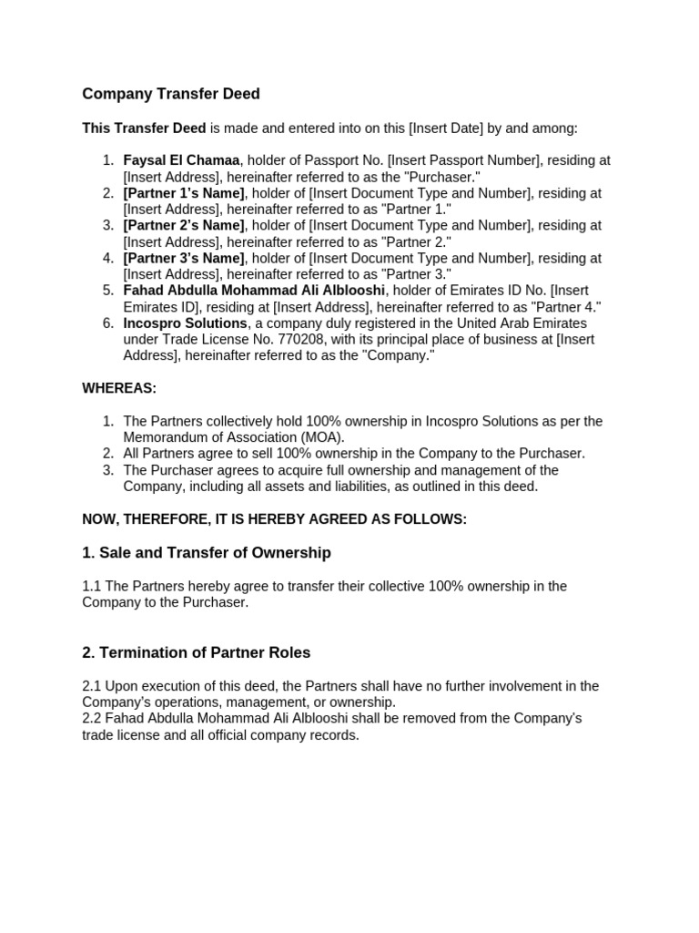 Company Ownership Transfer Deed | PDF | Deed | Private Law