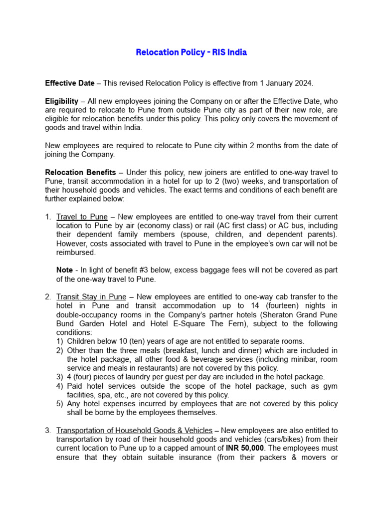 Pune Relocation Policy 2024 | PDF | Insurance | Reimbursement