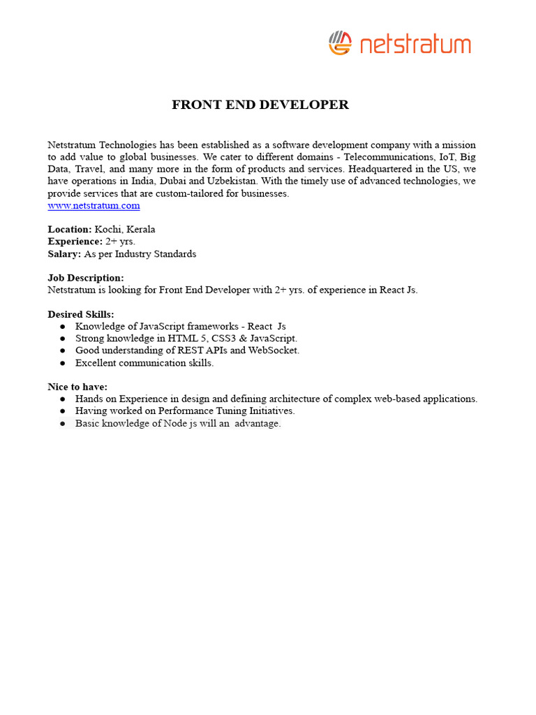 Front End Developer Job at Netstratum | PDF