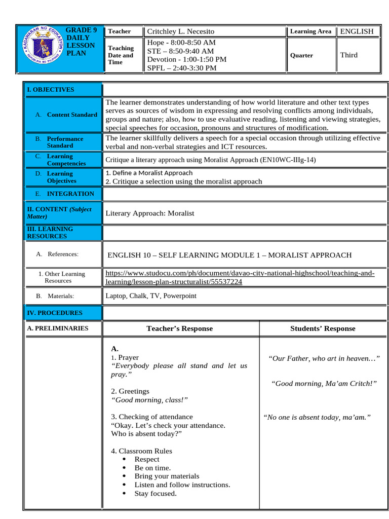 Grade 9 English Lesson Plan: Moralist Approach | PDF | Liberal Arts ...