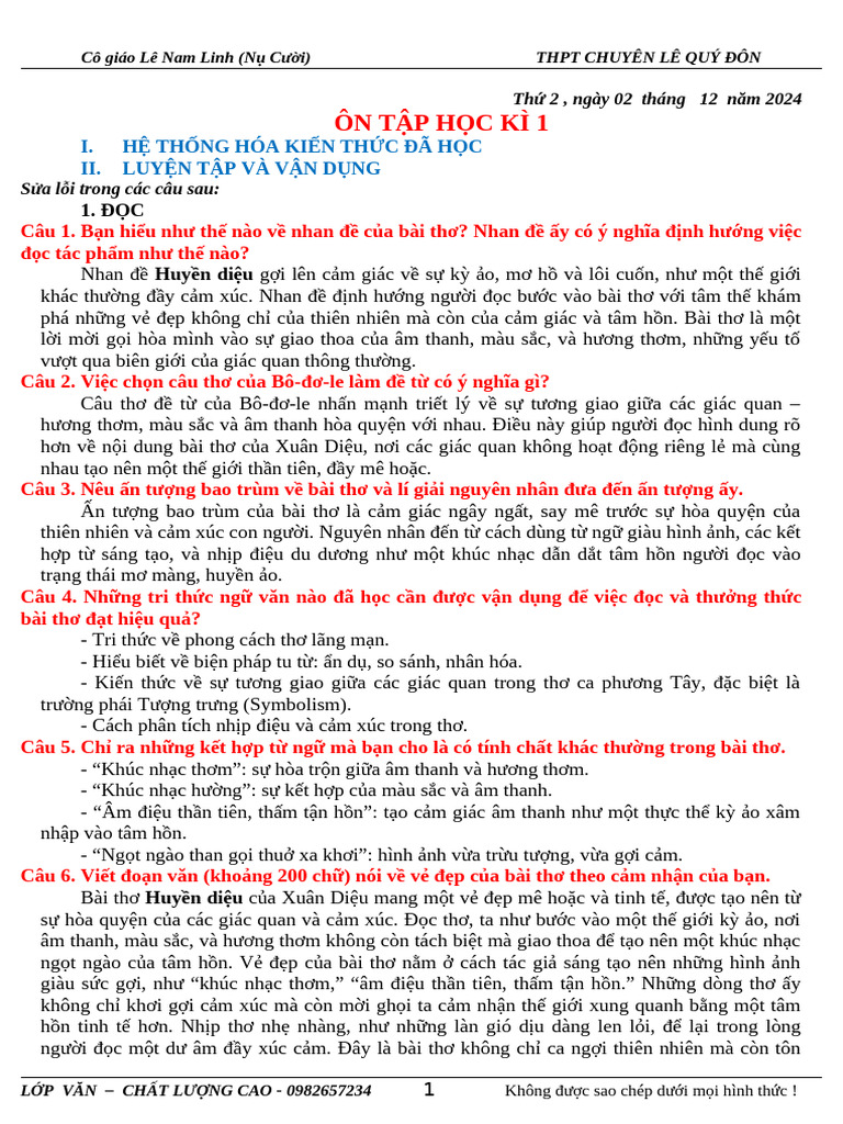 ÔN TẬP KÌ 1 VĂN 11 K25 | PDF