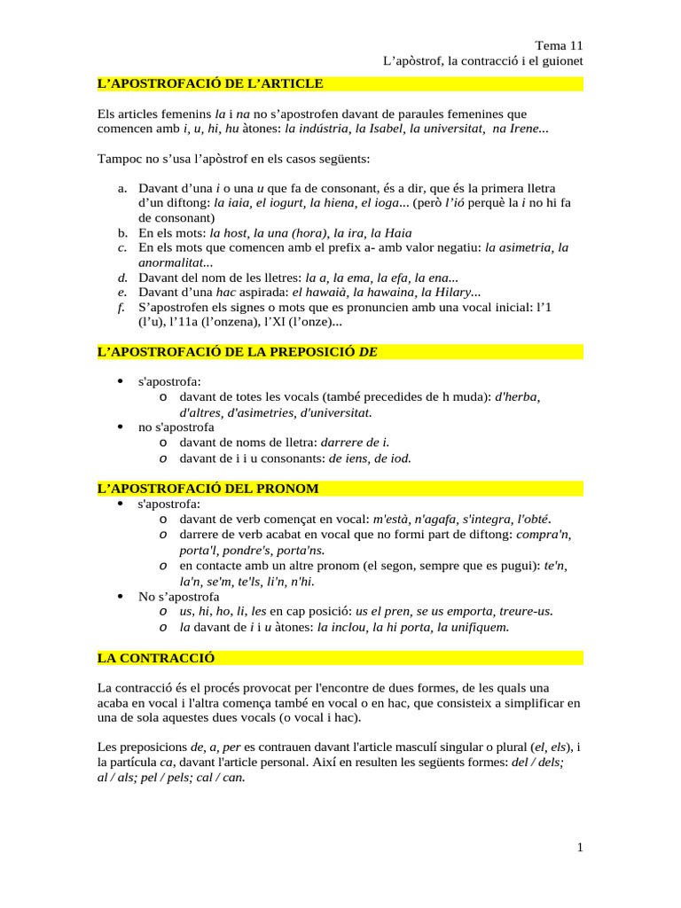 Apòstrof, Contracció I Guionet | PDF