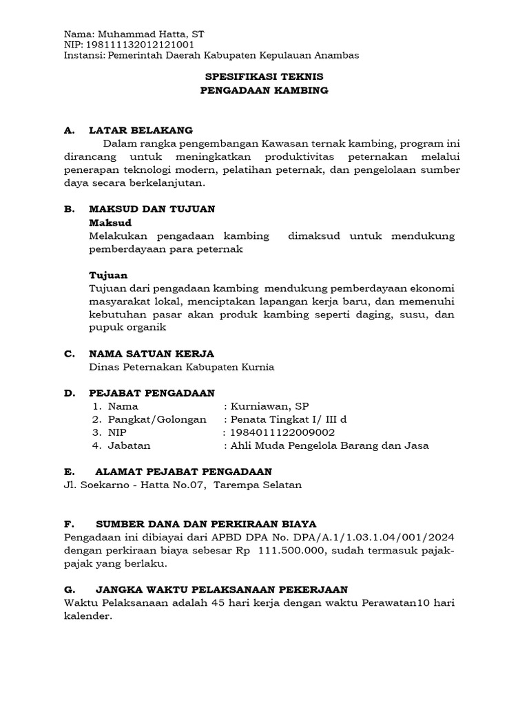 Muhammad Hatta, ST-Lampiran 2 - Form Spesifikasi Teknis Pengadaan Kambing | PDF