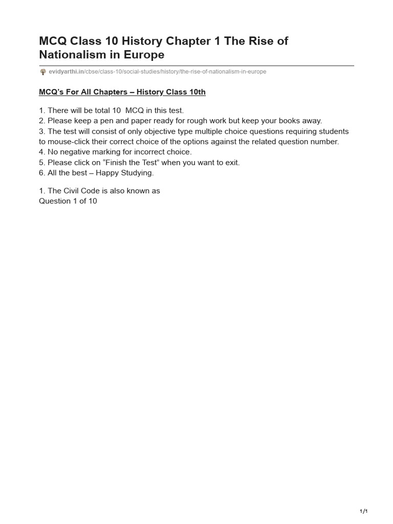 Evidyarthi - in-MCQ Class 10 History Chapter 1 The Rise of Nationalism ...