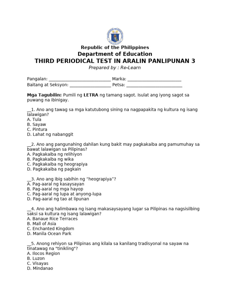 Third Periodical Test in Aralin Panlipunan 3 (Re-Learn) | PDF
