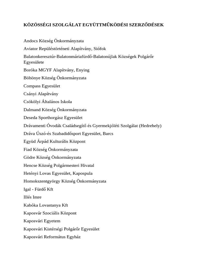 Helyszinek Kozossegi Szolgalat Egyuttmukodesi Szerzodesek Kieg | PDF