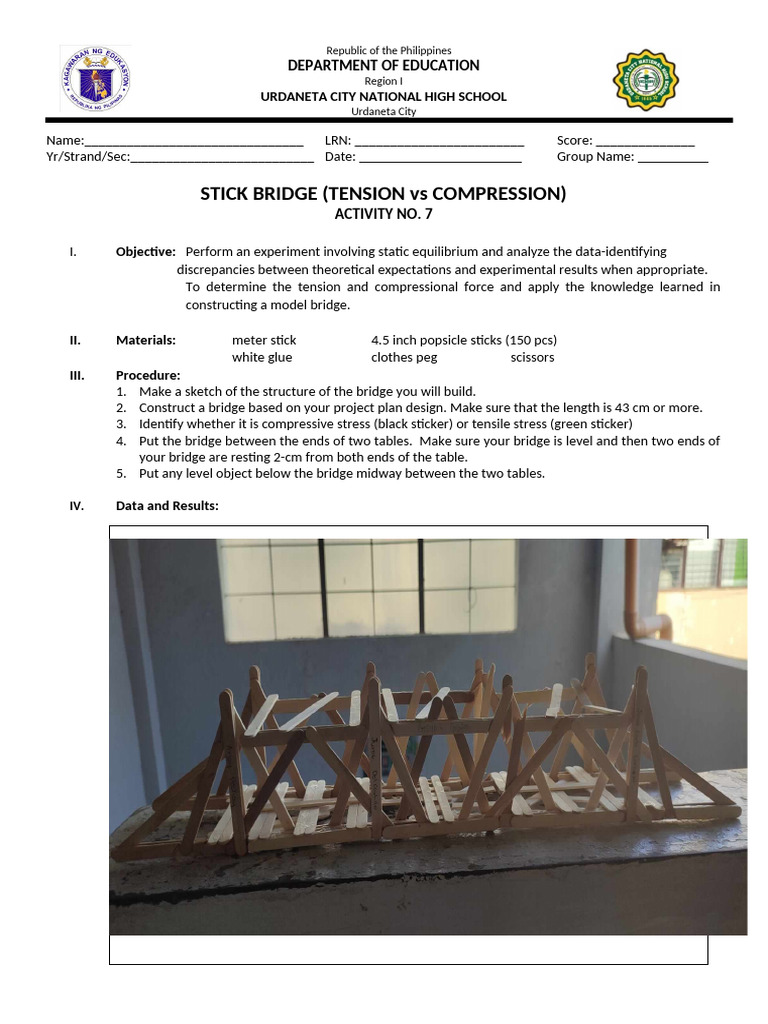 BRIDGE CONSTRUCTION Activity Experiment | PDF | Tension (Physics ...