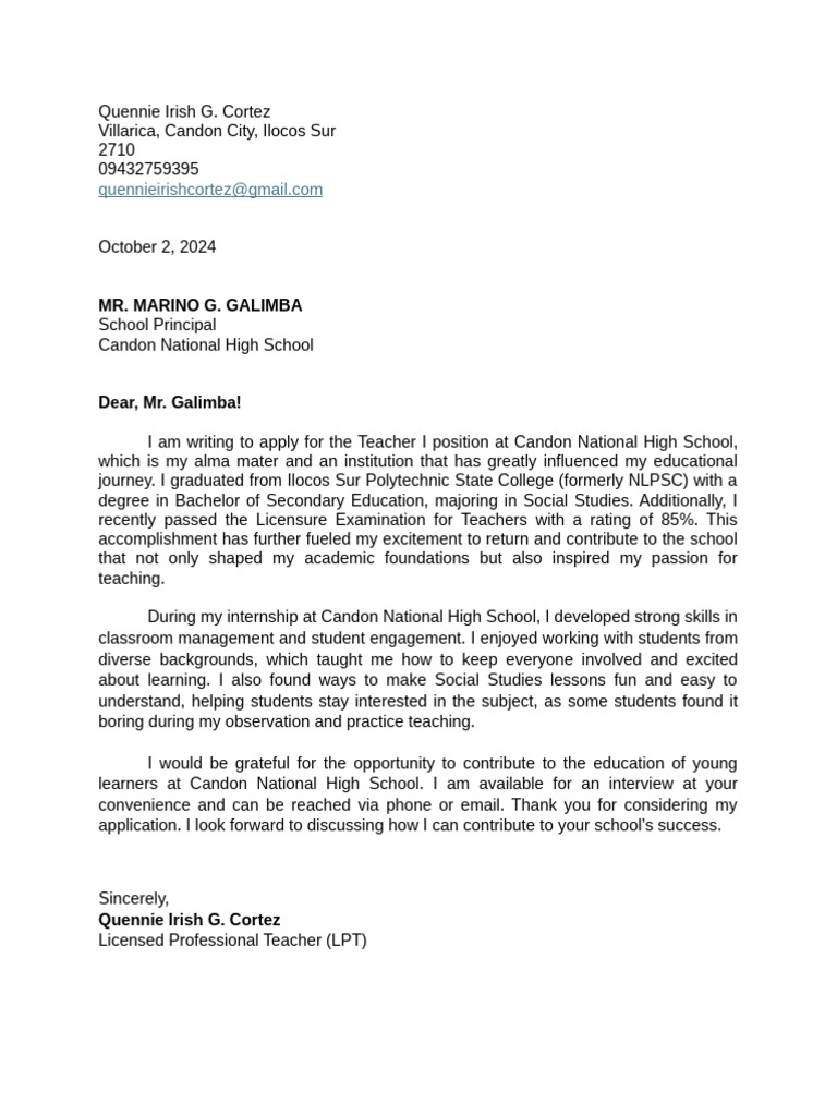 Teacher Application for Candon National High | PDF