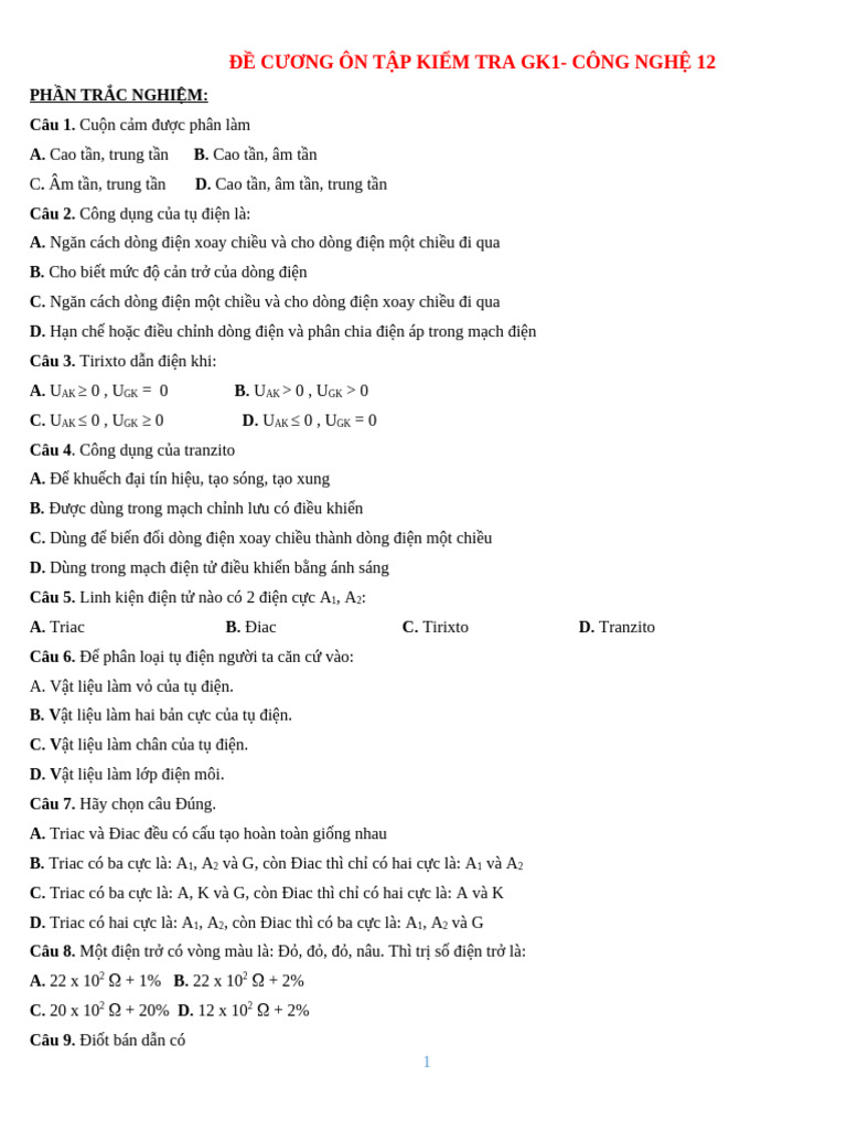 67 Câu TN 12 GK1 K 2023 2024 | PDF