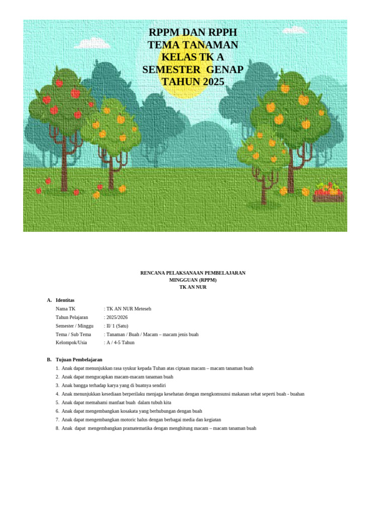 RPPH Tema Tanaman untuk Anak TK A | PDF