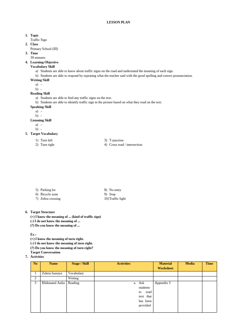 Traffic Sign Vocabulary Lesson Plan | PDF | Vocabulary | Linguistics