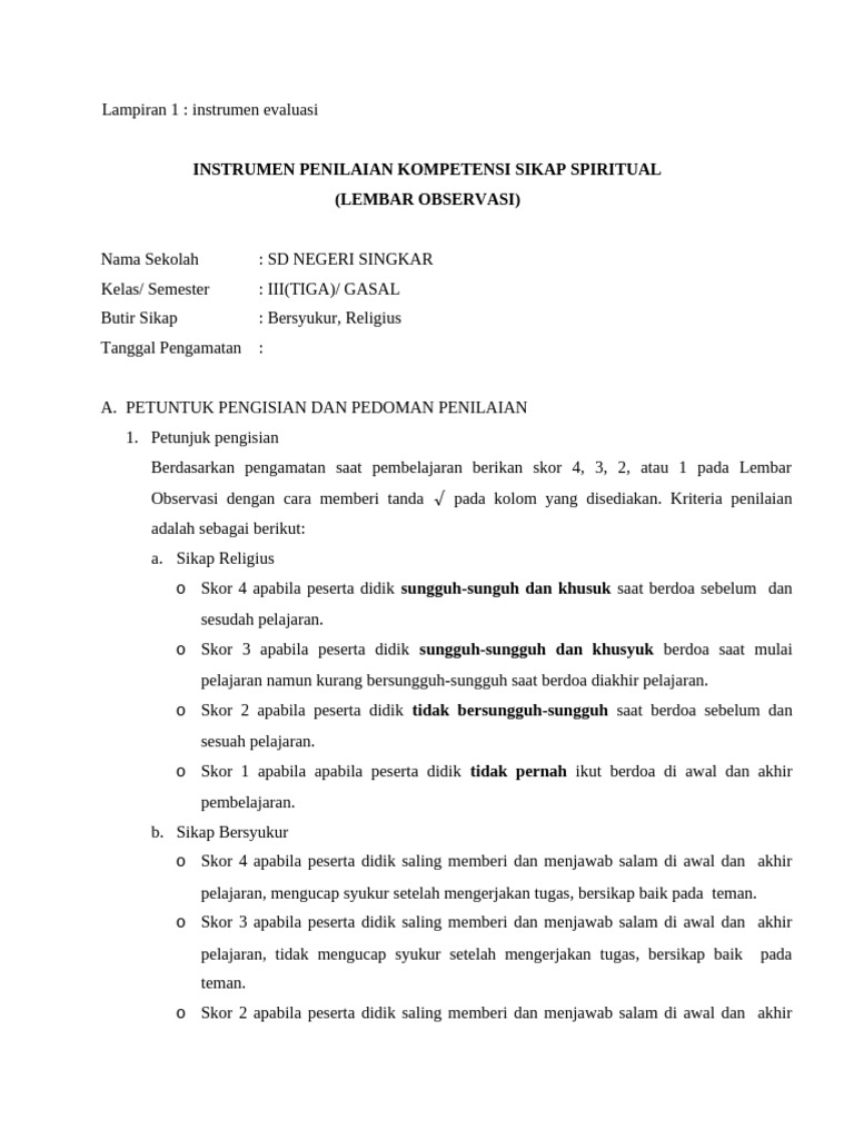 Instrumen Penilaian Sikap Siswa SD | PDF