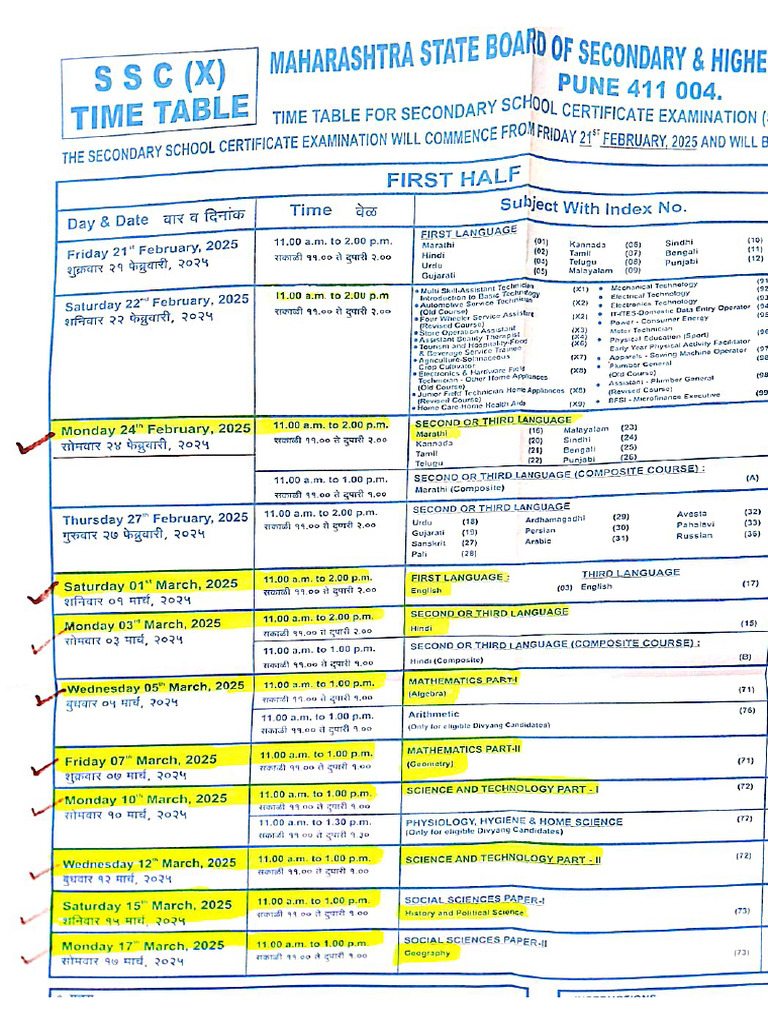 Time table and Instruction for SSC exam February _ March 2025 | PDF