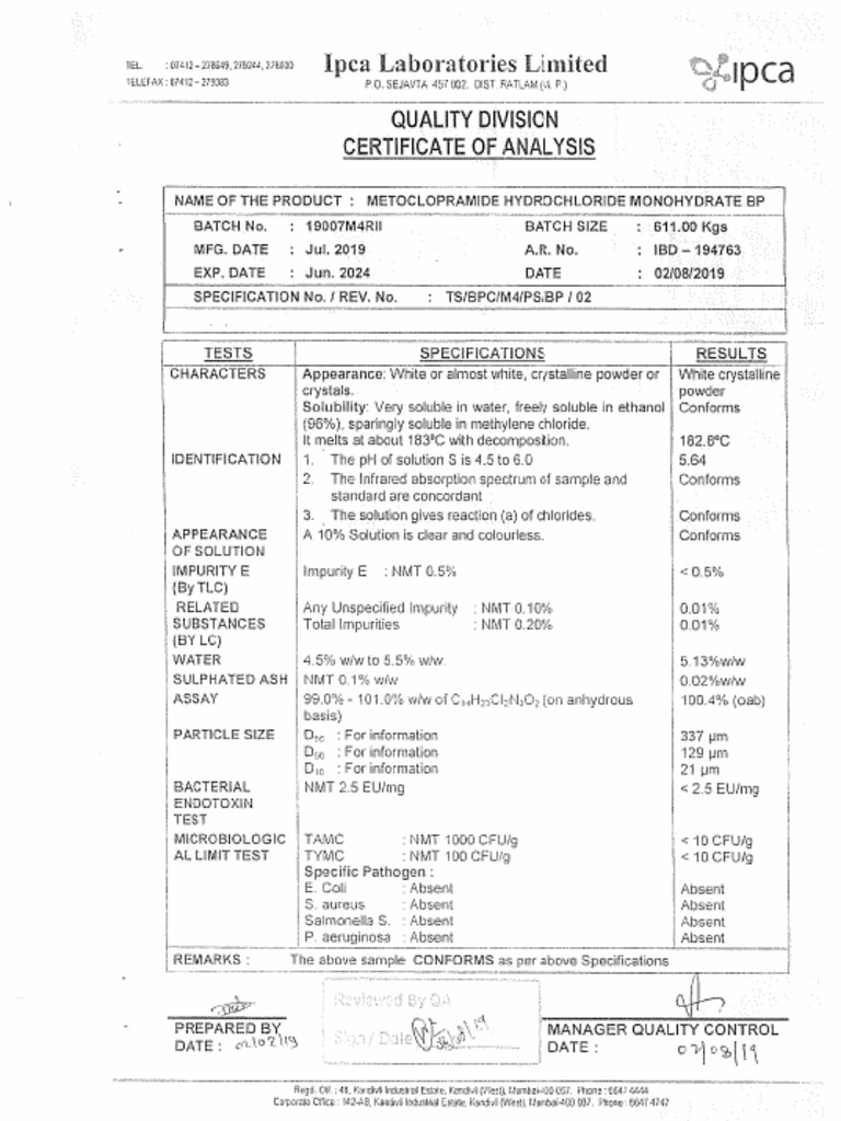 Typical COA of Metoclopramide BP Injectable Grade | PDF