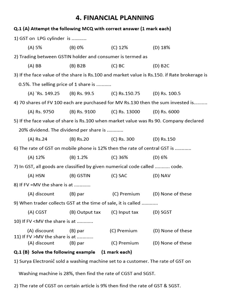 Financial Planning: Q.1 (A) Attempt The Following MCQ With Correct Answer (1 Mark Each) | PDF ...