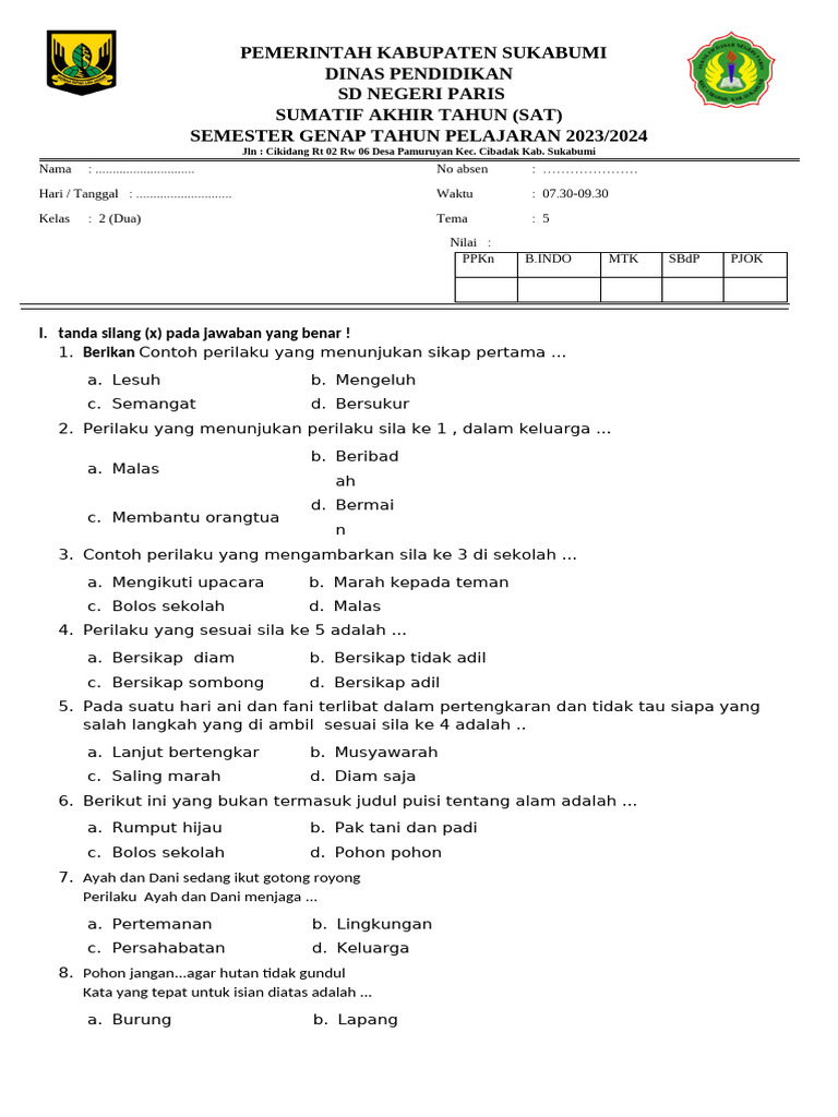 Ujian Akhir SD Kelas 2 Sukabumi 2024 | PDF