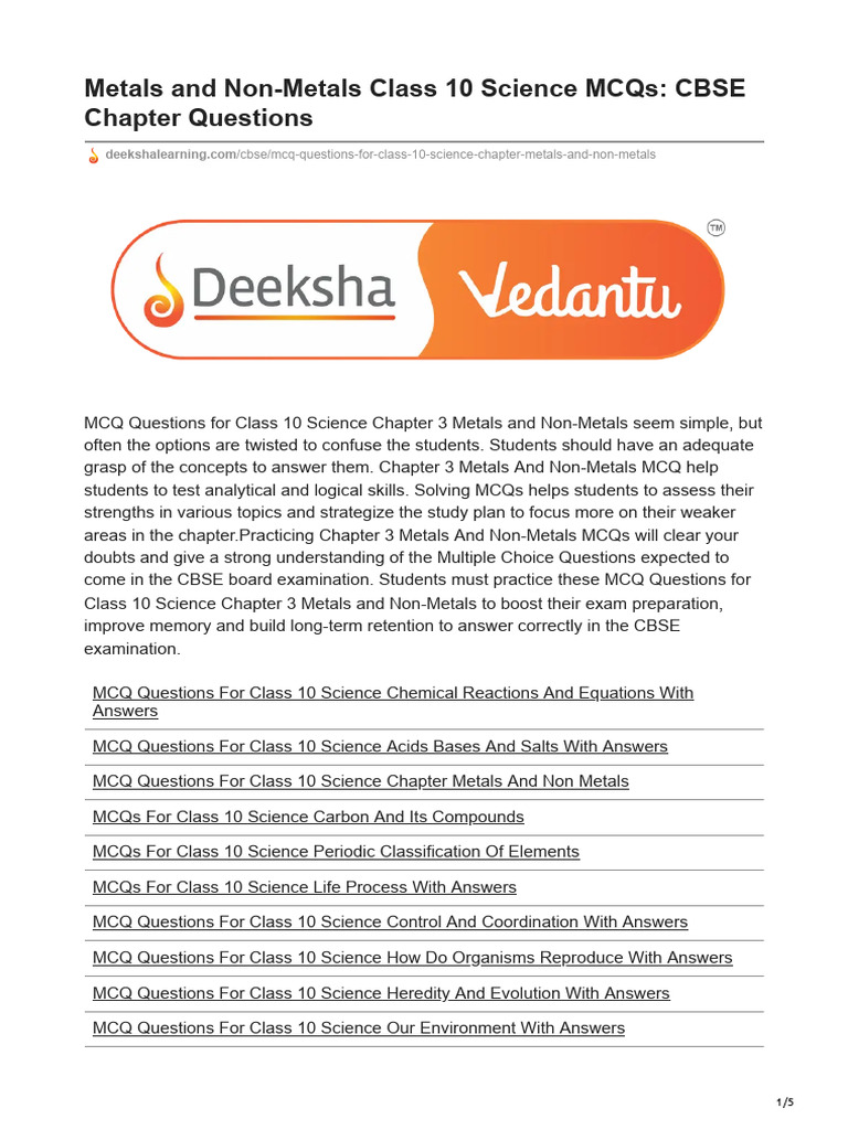 Metals and Non-Metals Class 10 Science MCQs CBSE Chapter Questions | PDF | Multiple Choice | Iron