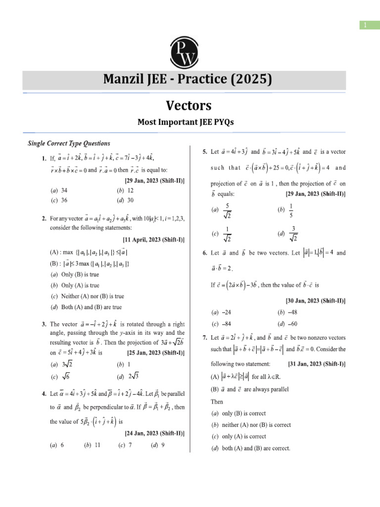 Vectors - PYQ Sheet (Questions) - Manzil JEE 2025 | PDF