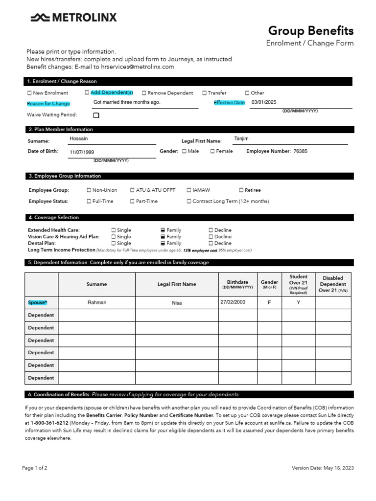Benefit Change Form - Add Spouse | PDF | Life Insurance | Insurance