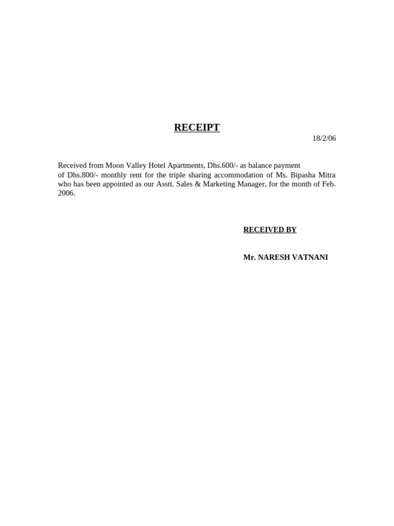 Accommodation Receipt for Employee | PDF