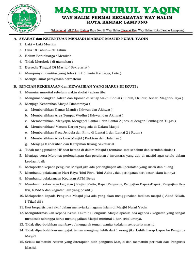 Syarat Dan Ketentuan Menjadi Marbot Masjid Nurul Yaqin | PDF