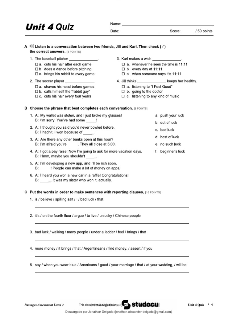 UNIT 4 QUIZ C1 - Passages 2 Third Edition | PDF