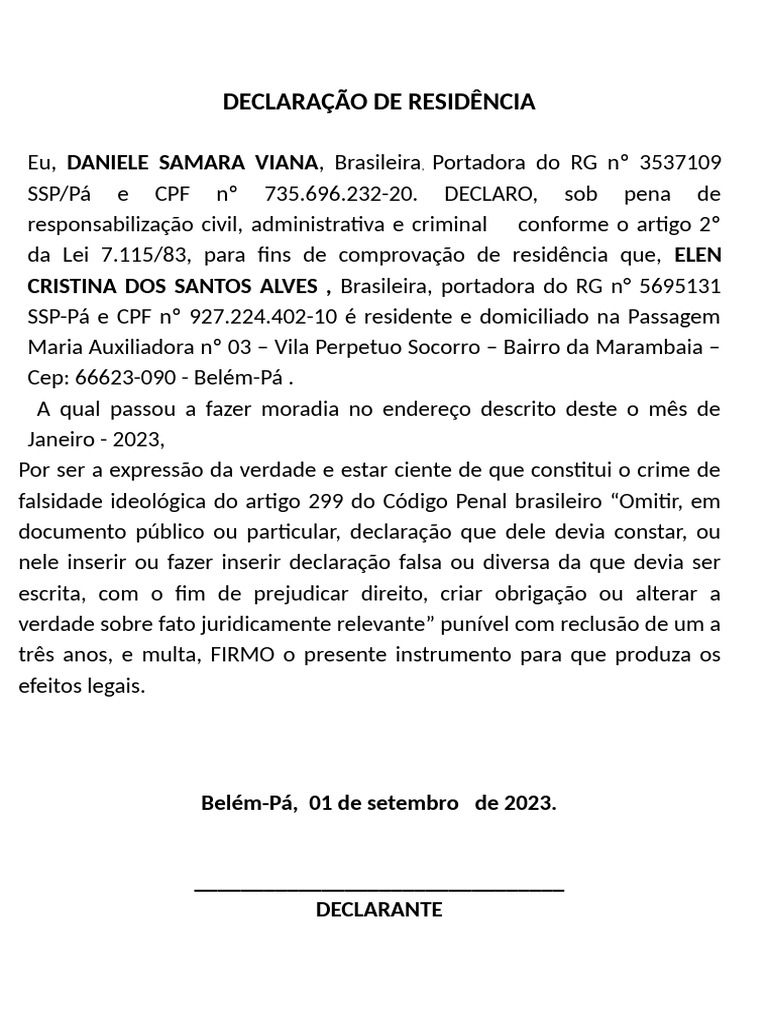 Declaração de Residência Editavel | PDF