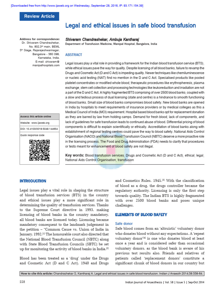 Legal and Ethical Issues in Safe Blood Transfusion | PDF | Blood ...