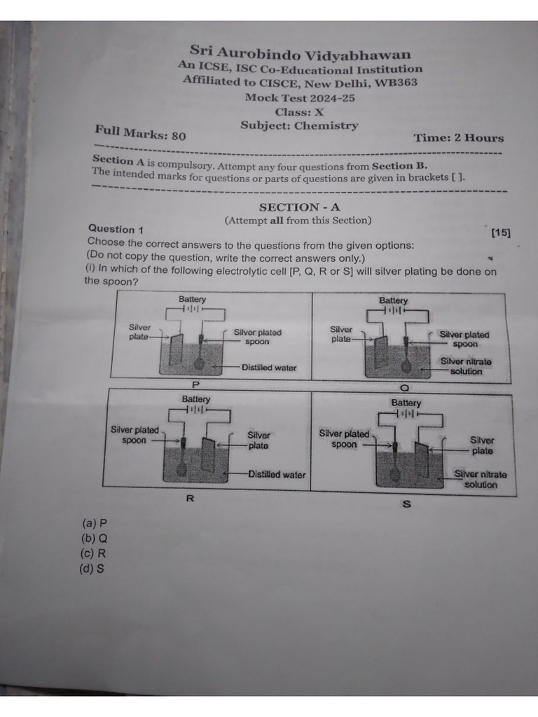 Sri Aurobindo Vidyabhawan Chemistry Mock Test Question Paper | PDF