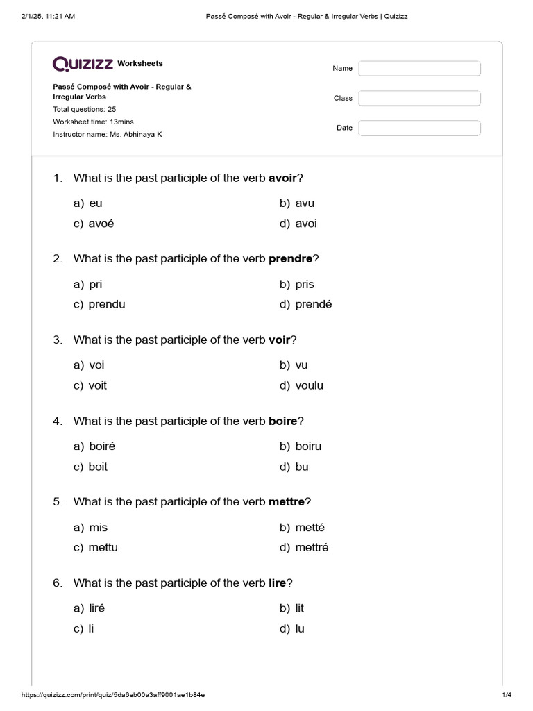 Passé Composé with Avoir - Regular & Irregular Verbs | PDF | Théorie ...