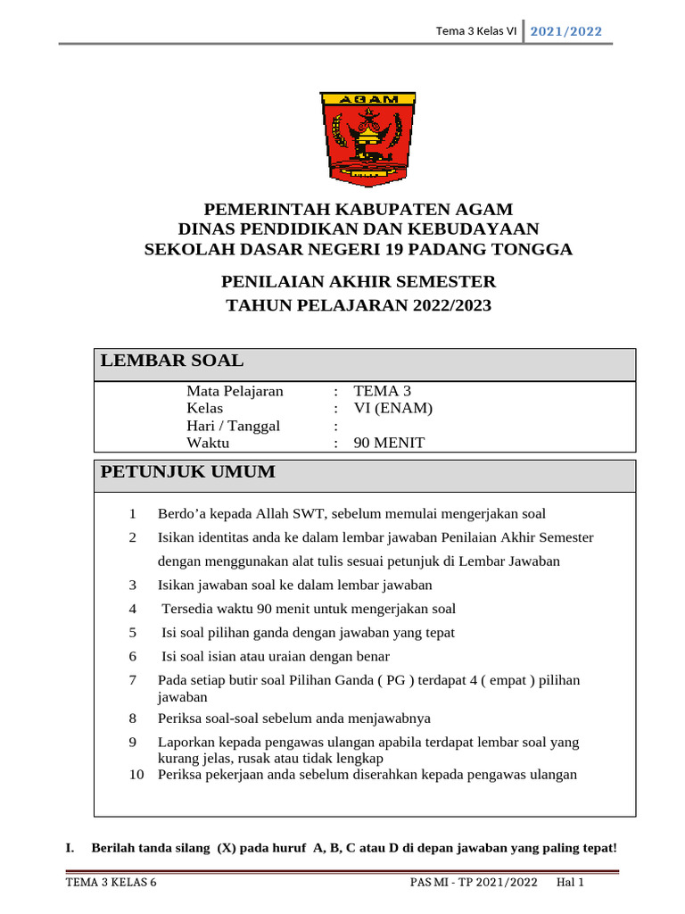 NASKAH SOAL PAS KELAS 6 TEMA 3 | PDF