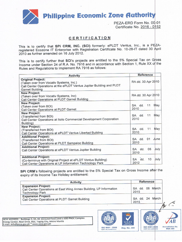 SCRM - PEZA Certificate - 5% Special Tax 2016 00-01 | PDF