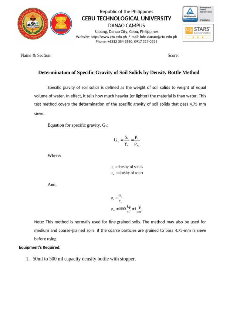 Specific Gravity of Soil by Density Bottle | PDF | Density | Soil Mechanics