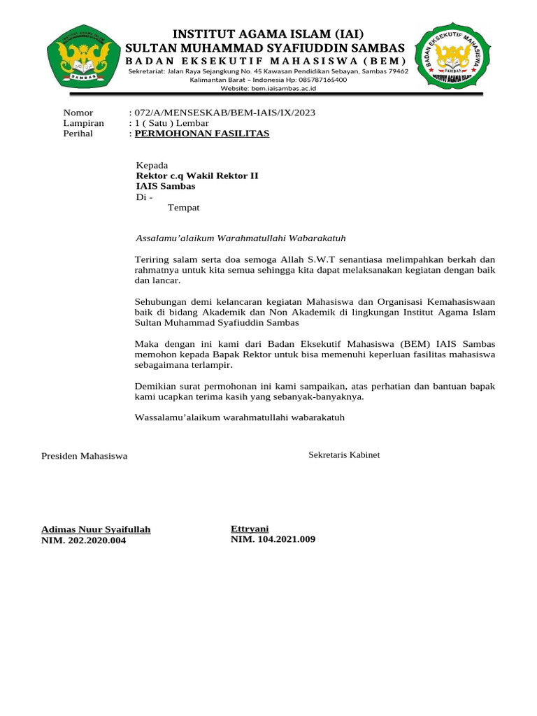 Permohonan Fasilitas Mahasiswa IAIS Sambas | PDF