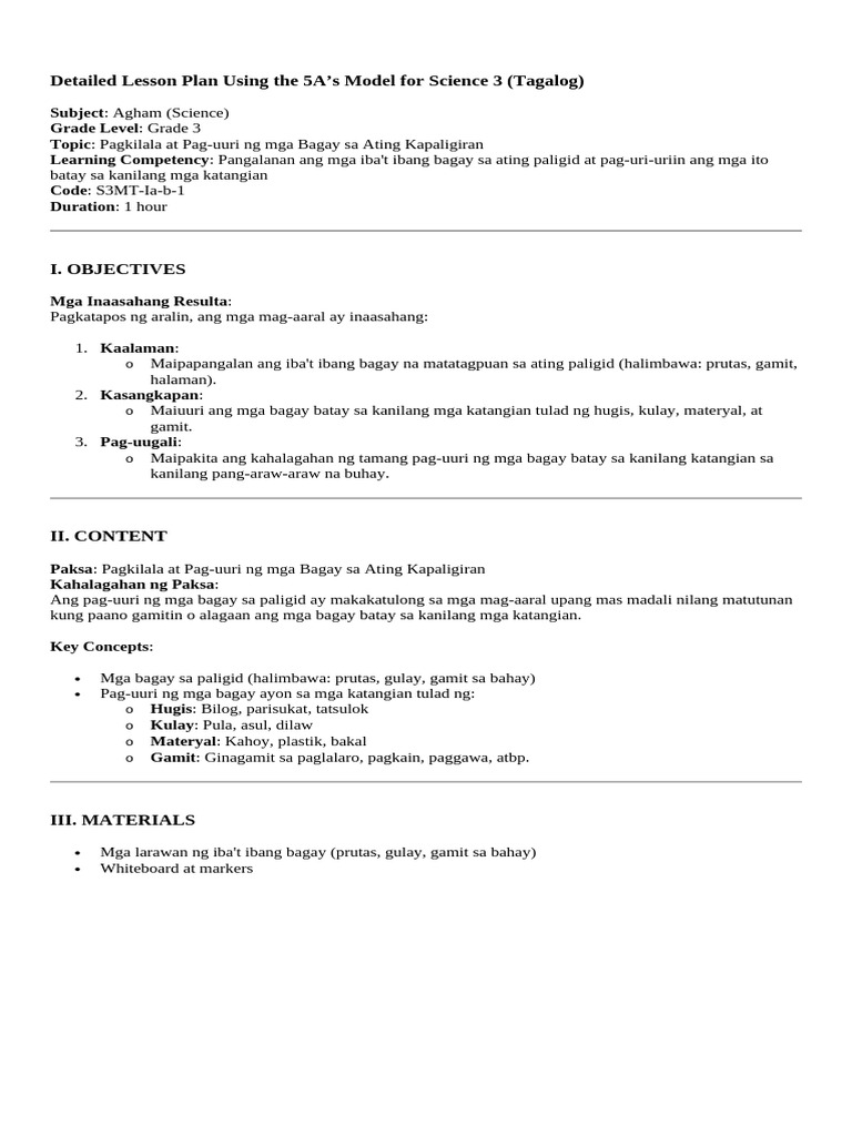 DLP 5a's Science 3 Q1 W1 D1 | PDF