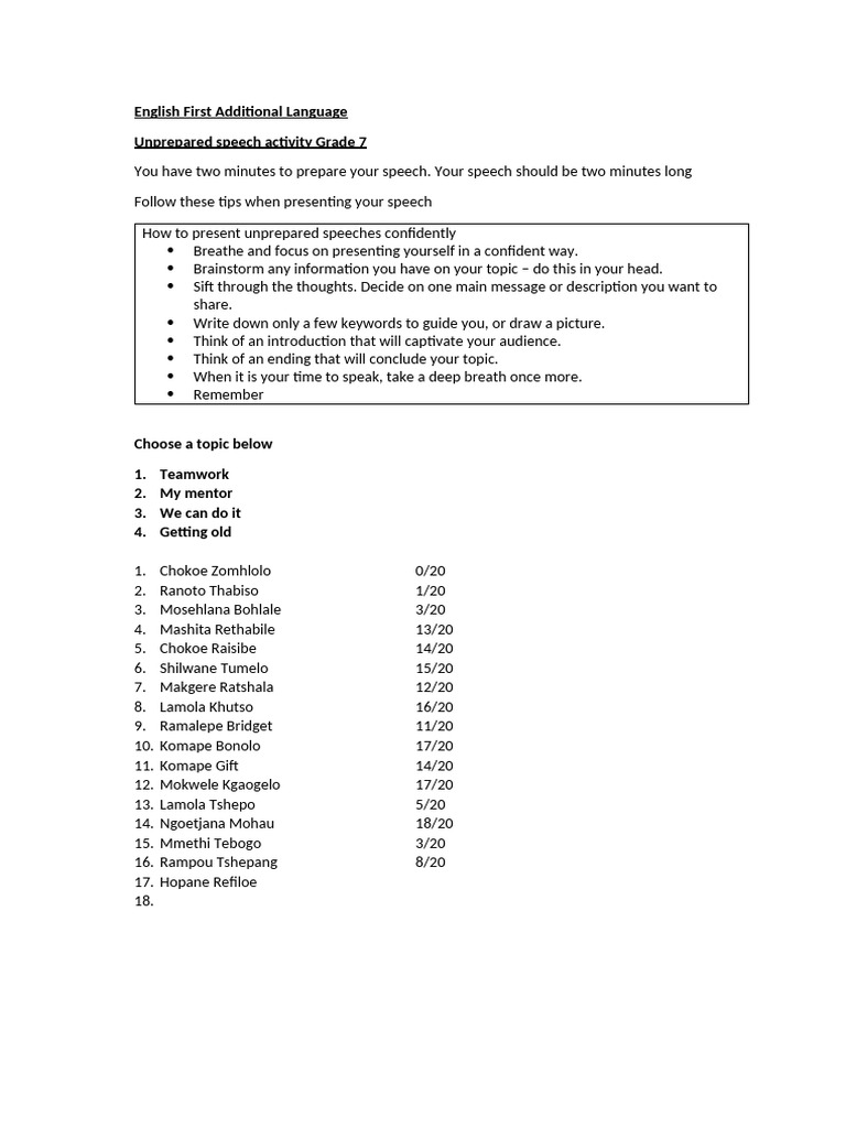 Grade 7 Unprepared Speech Tips | PDF