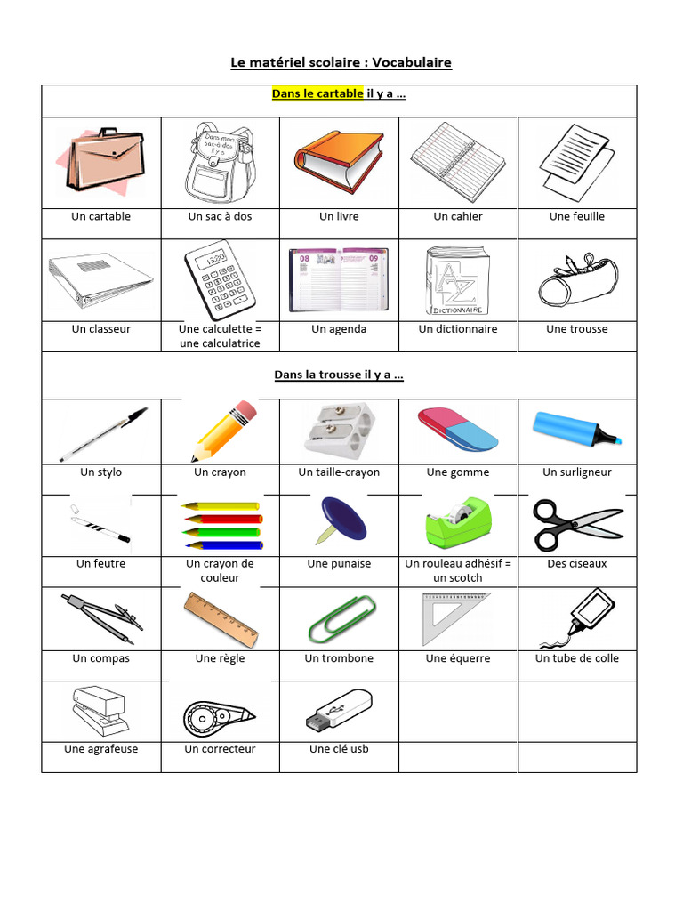 Vocabulaire du matériel scolaire | PDF