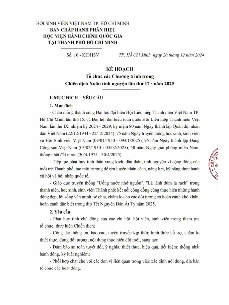 Ke Hoach To Chuc Cac Chuong Trinh Trong Chien Dich Xuan Tinh Nguyen Lan ...