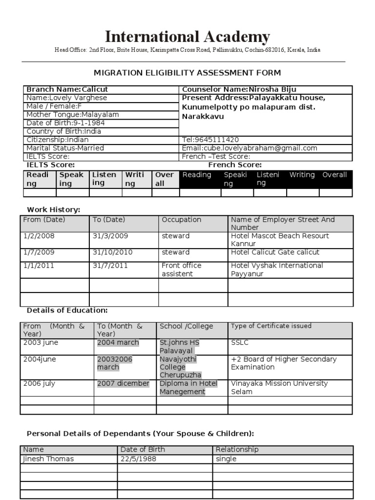 Migration Eligibility Assessment Form | PDF | Business