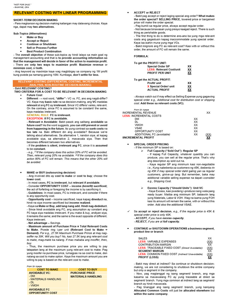Ms-05 Relevant Costing With Linear Programming | PDF | Profit (Economics) | Prices