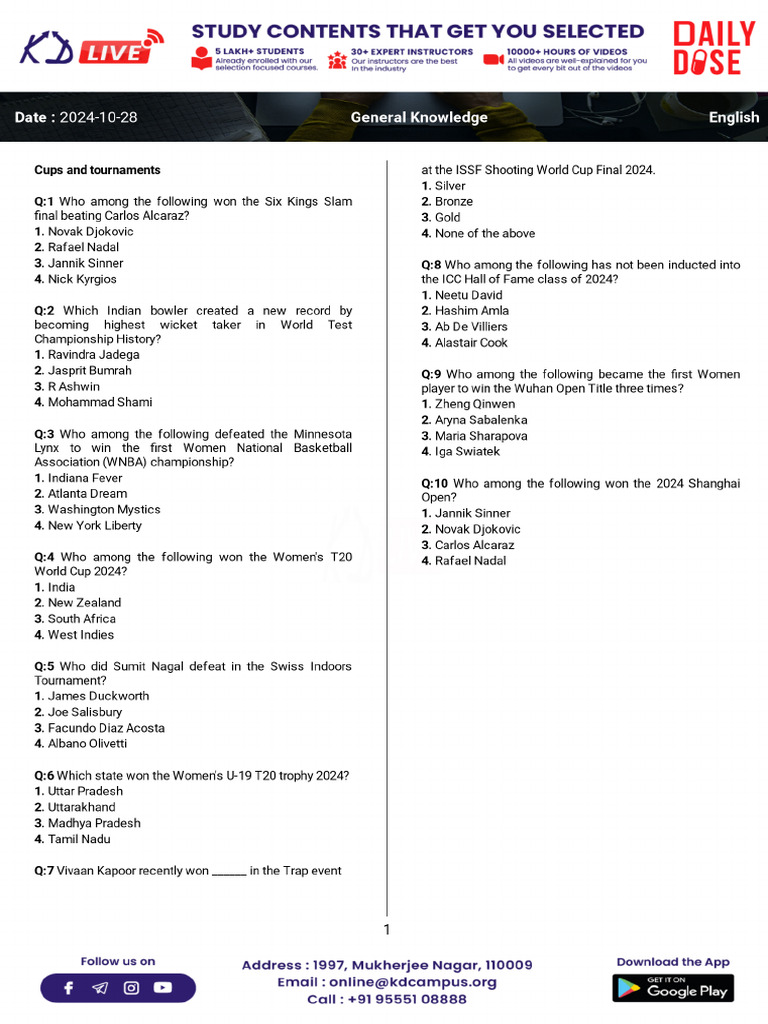 General Knowledge English 2024-10-28 Kdlive | PDF