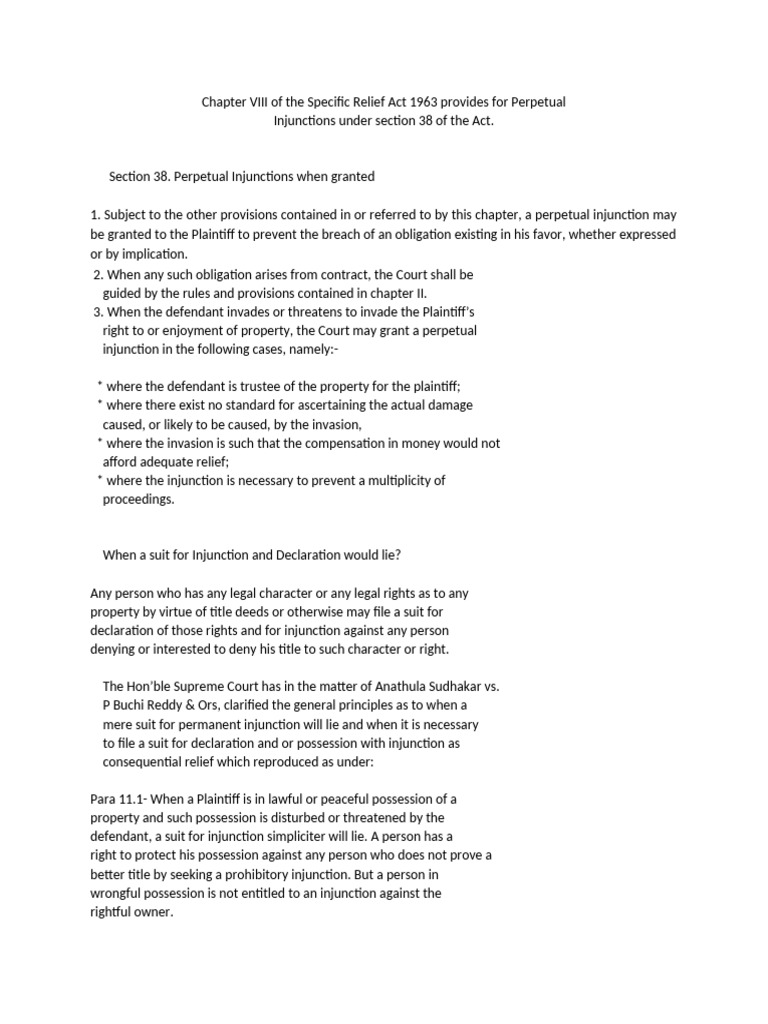Chapter VIII of The Specific Relief Act 1963 Provides For Perpetual | PDF | Lawsuit | Injunction